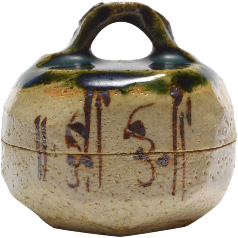 A Japanese Vintage Oribe Pottery Kogo By Famous Potter Ichikawa From a-japanese-vintage-oribe-pottery-kogo-by-famous-potter-ichikawa-from