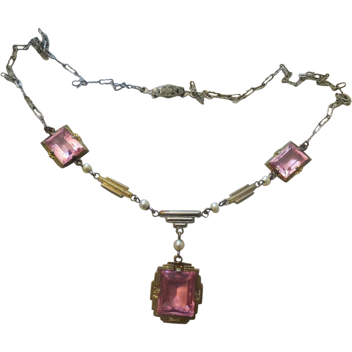 Vintage Pink Glass Art Deco Necklace From 2271668 On Ruby Lane