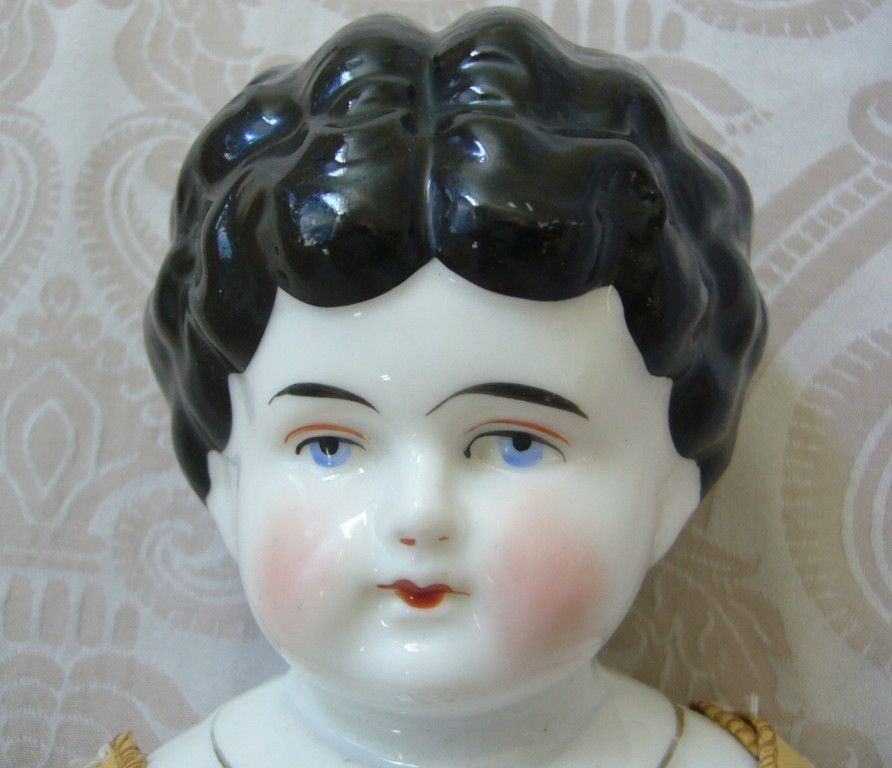 Hertwig German Glazed Porcelain China Head Doll With Blouse Detail From