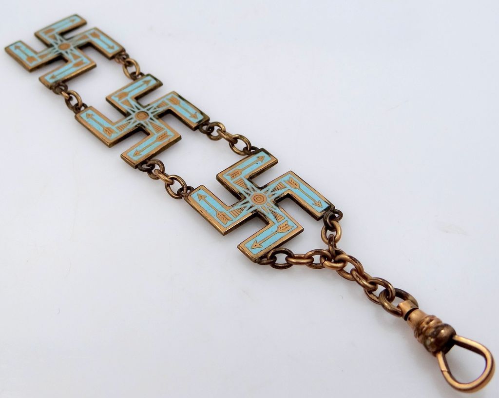 early-1900s-native-american-enamel-good-luck-symbols-watch-chain-fob