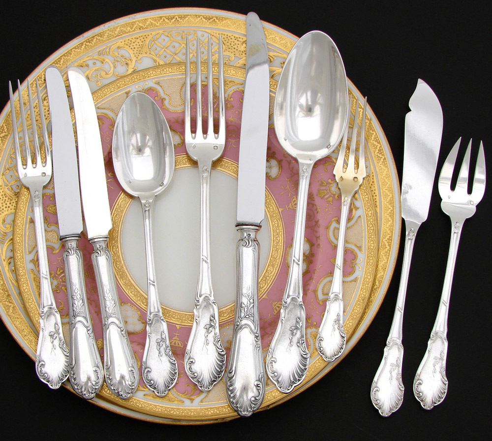 Antique French Sterling Silver 60pc Flatware Set, Ornate Louis VI ...