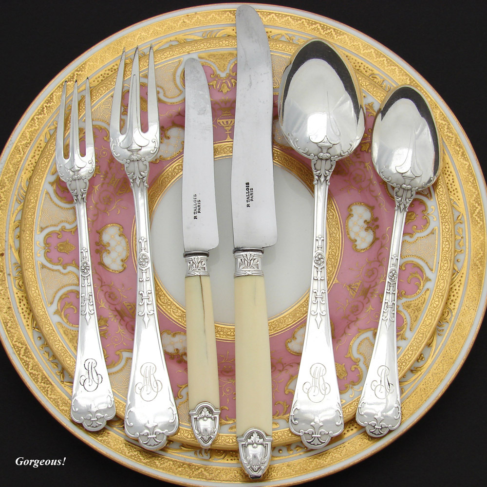 74pc Antique French PUIFORCAT Sterling Silver Flatware Set, Rare GOTHIC ...