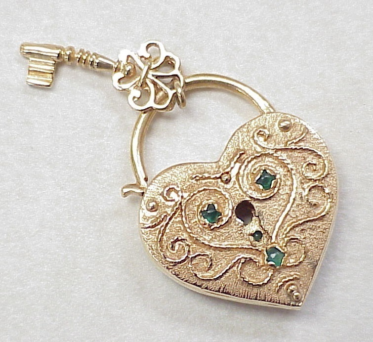 Large 14k Gold HEART Lock & Key Charm Jeweled Accent from ...